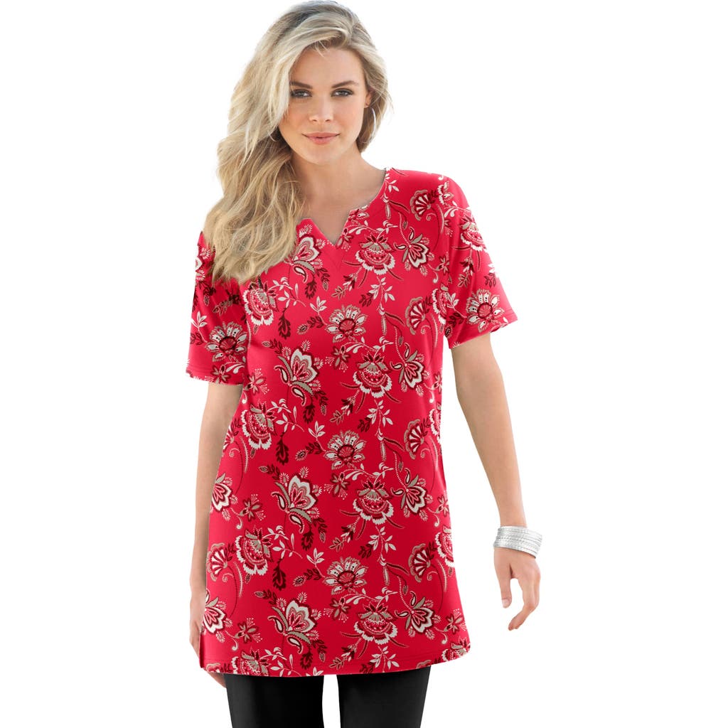 ROAMAN'S Roaman's Soft Knit Print Tunic with Notch Neckline